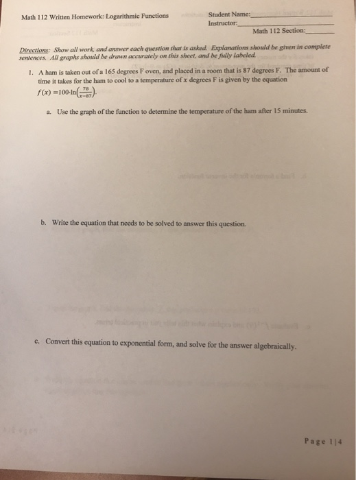 Solved Math 112 Written Homework: Logarithmic Functions | Chegg.com