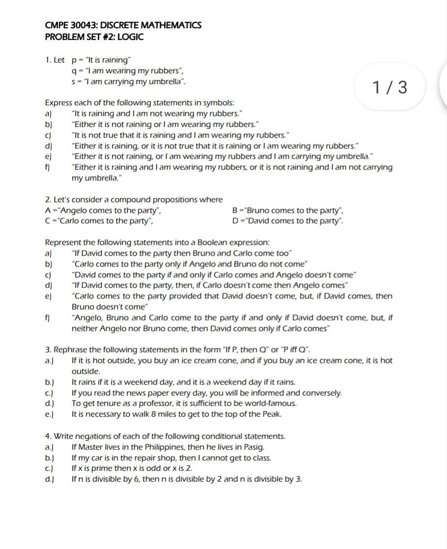 Solved CMPE 30043: DISCRETE MATHEMATICS PROBLEM SET #2: | Chegg.com