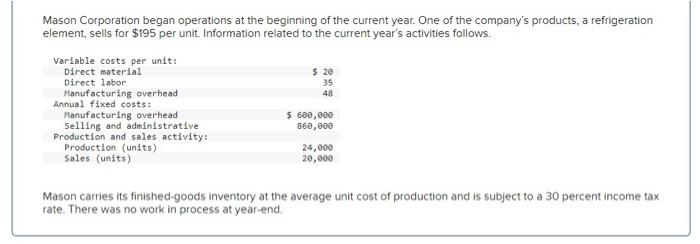 Solved Mason Corporation began operations at the beginning | Chegg.com