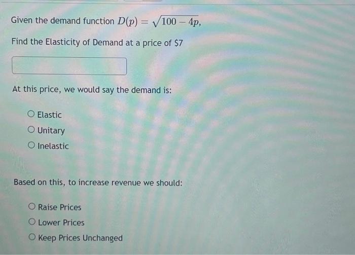 Solved Given the demand function D(p)=100−4p, Find the | Chegg.com