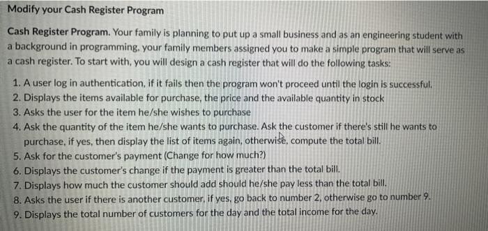 Solved Modify your Cash Register Program Cash Register | Chegg.com