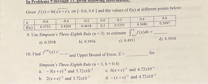Solved Given Fxlnxe On −0606 And The Values Of 7685