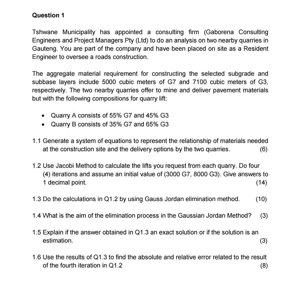 Solved Question 1 Tshwane Municipality has appointed a | Chegg.com