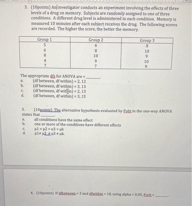 Solved 3. (10points) An investigator conducts an experiment | Chegg.com