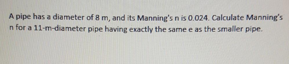 Solved A pipe has a diameter of 8 m, and its Manning's n is | Chegg.com