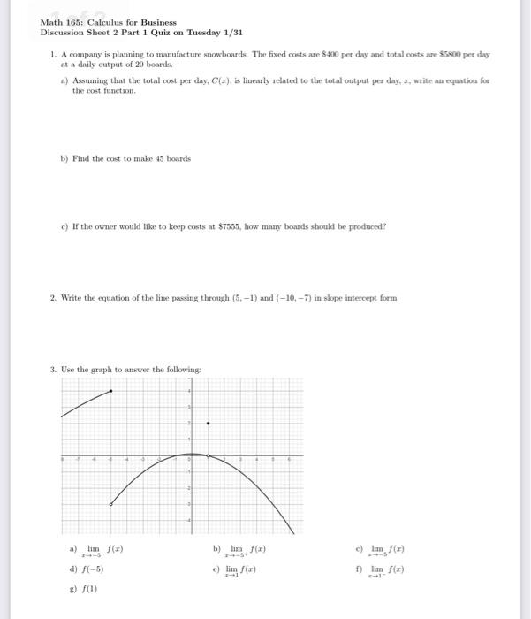 Solved Math 165: Calculus for Business Discussion Sheet 2 | Chegg.com