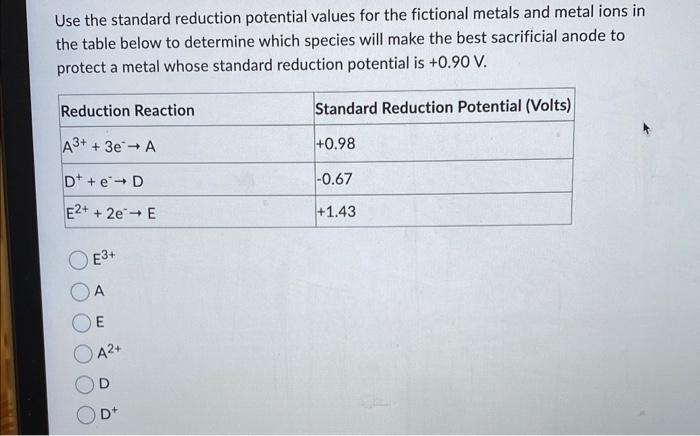 Solved Use the standard reduction potential values for the | Chegg.com