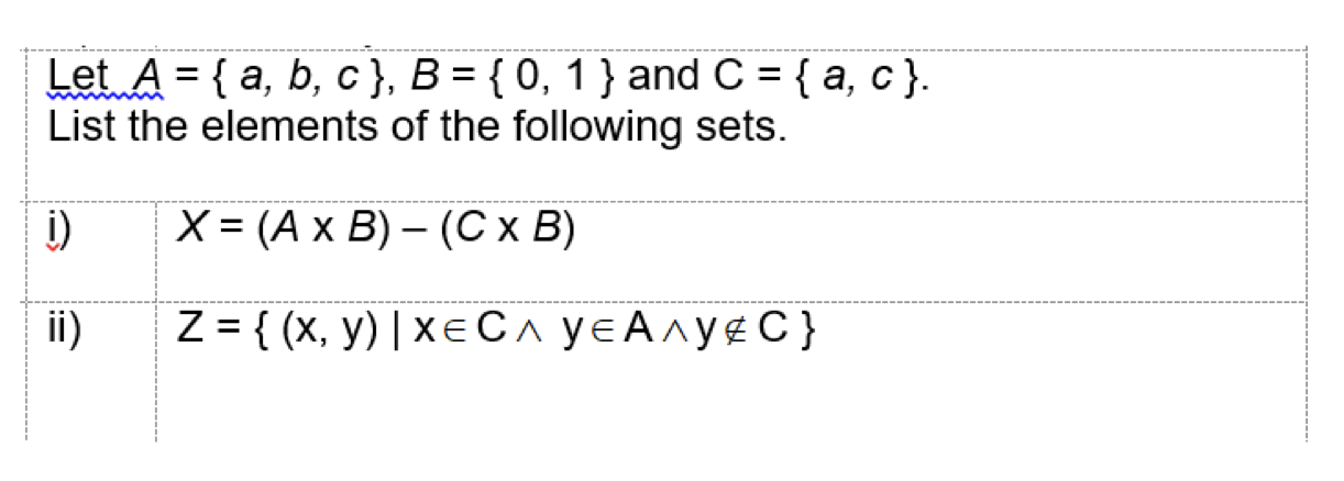 Solved Let A={a,b,c},B={0,1} ﻿and C={a,c}.List the elements | Chegg.com