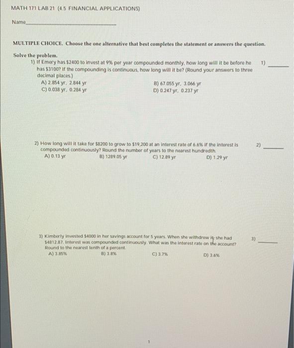 Solved MATH 171 LAB 21 (4.5 FINANCIAL APPLICATIONS) Name | Chegg.com