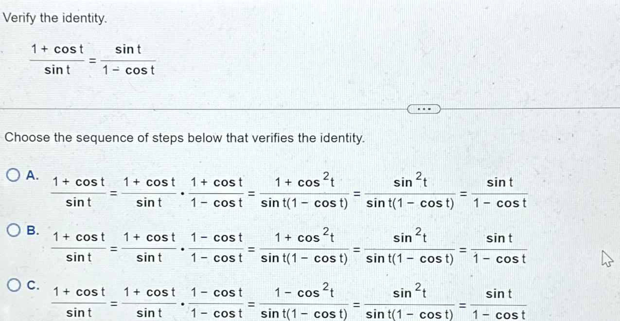 Solved Verify the identity.1+costsint=sint1-costChoose the | Chegg.com