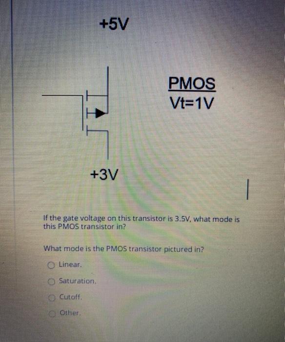 Solved +5V PMOS Vt=1V +3V If the gate voltage on this | Chegg.com