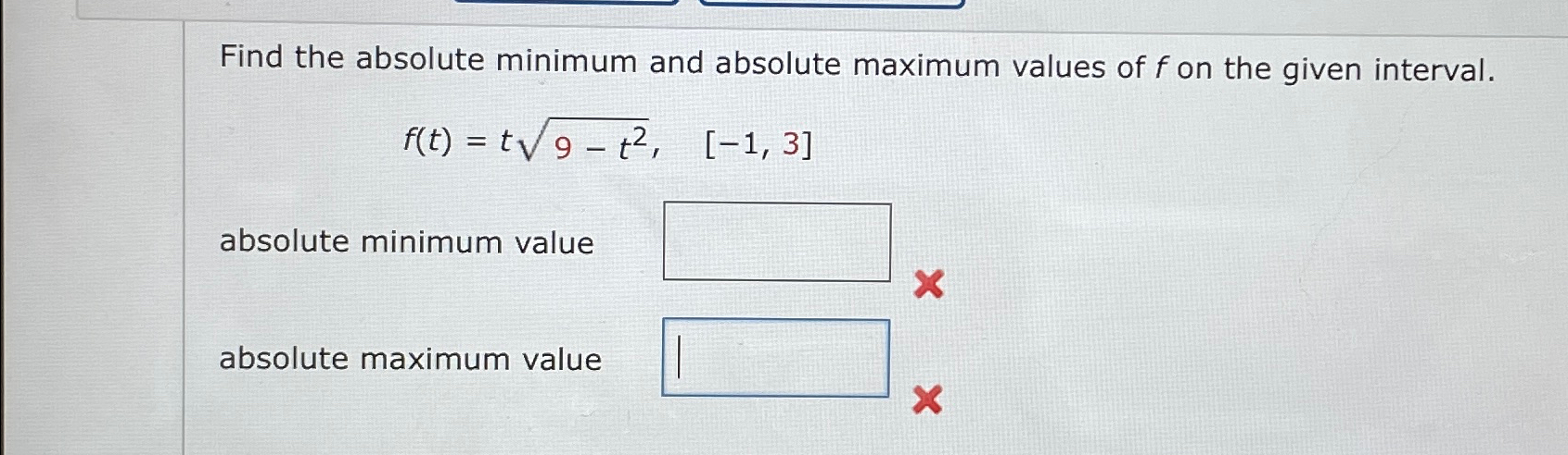 Solved Find the absolute minimum and absolute maximum values | Chegg.com