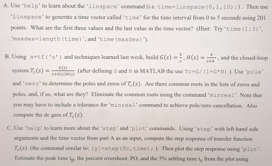 Solved A. Use 'help' to learn about the 'linspace' command | Chegg.com