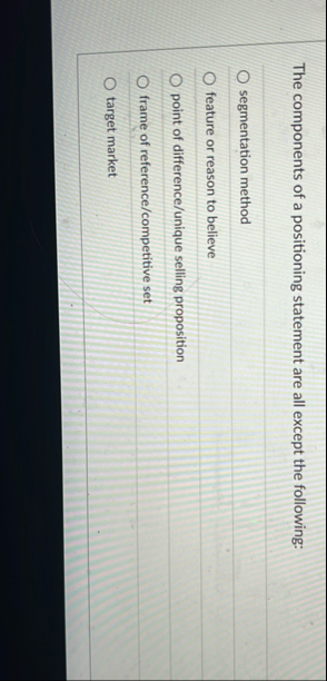 Solved The components of a positioning statement are all | Chegg.com