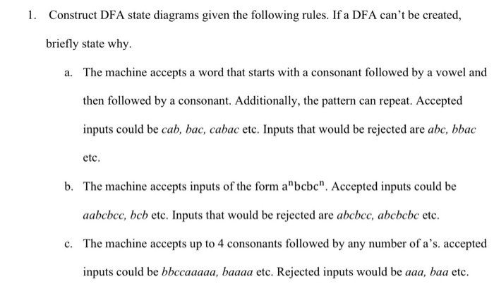 Solved 1. Construct DFA state diagrams given the following | Chegg.com