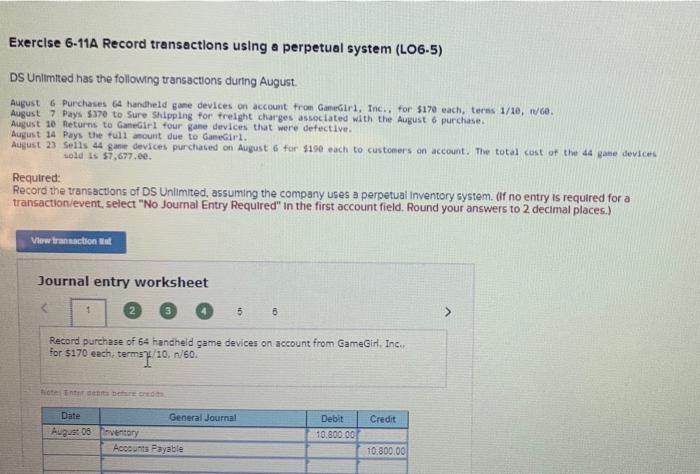 Solved Exercise 6-11A Record transactions using a perpetual | Chegg.com