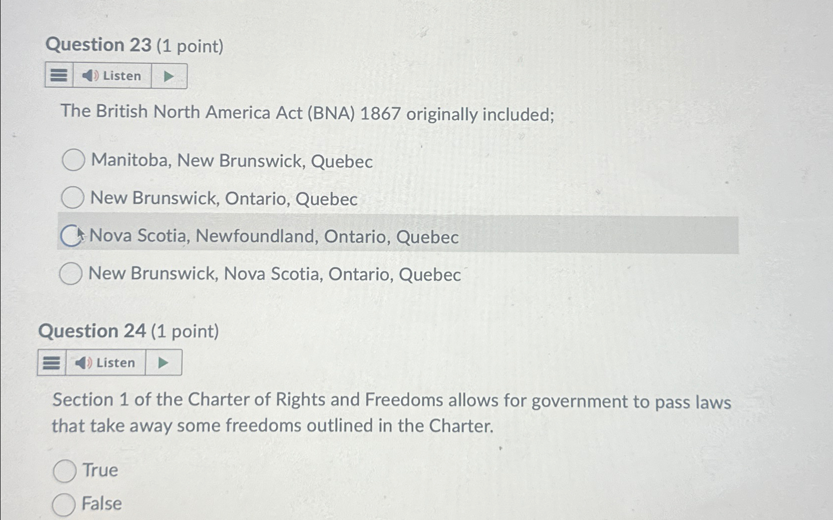 Solved Question 23 (1 ﻿point)ListenThe British North America | Chegg.com