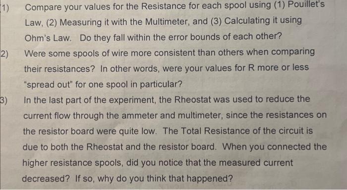 Solved Compare your values for the Resistance for each spool | Chegg.com