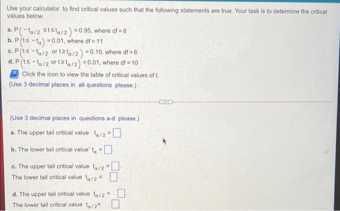 Solved . Use your calculator to find critical values such | Chegg.com