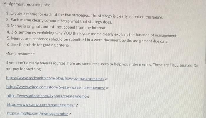 Solved Assignment requirements: 1. Create a meme for each of | Chegg.com