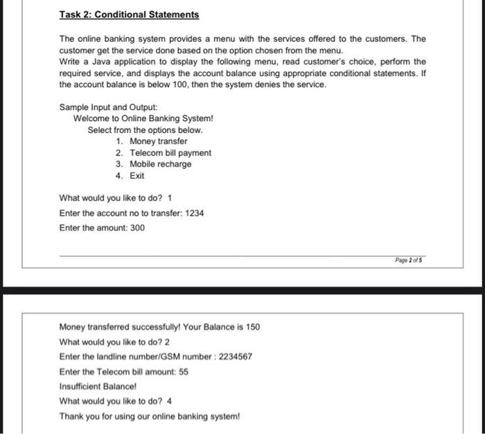 Solved Task 2: Conditional Statements The online banking | Chegg.com