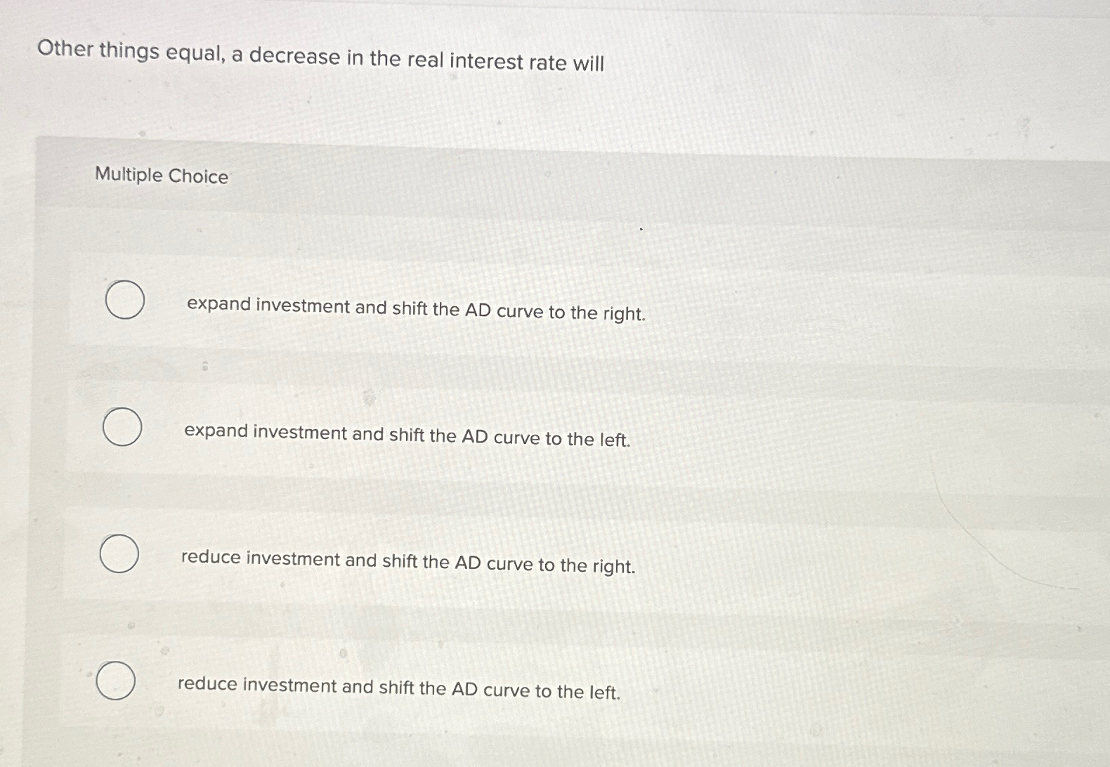 Solved Other things equal, a decrease in the real interest | Chegg.com