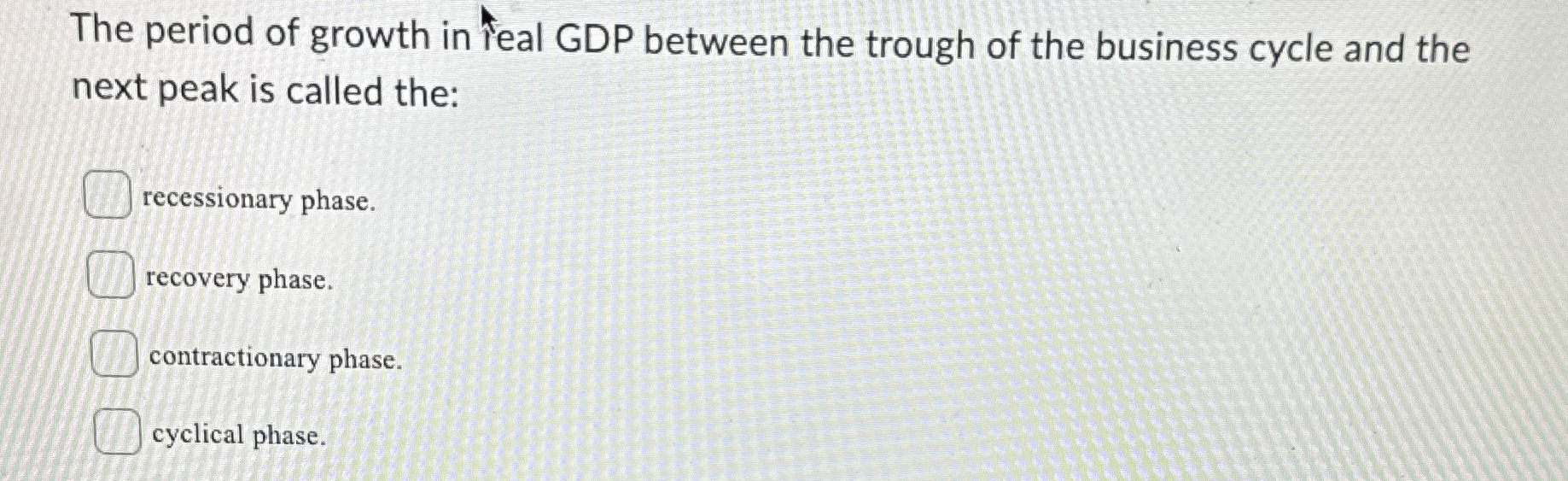Solved The period of growth in ieal GDP between the trough | Chegg.com