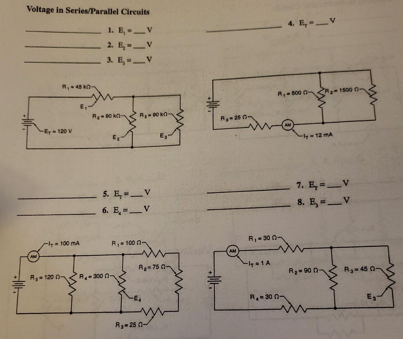 Solved Voltage in Series/Parallel Circuits 1. E1=−V 4. ET=−V | Chegg.com