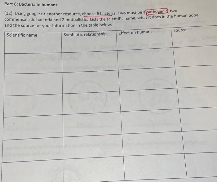 Solved Part 6: Bacteria in humans (12) Using google or | Chegg.com