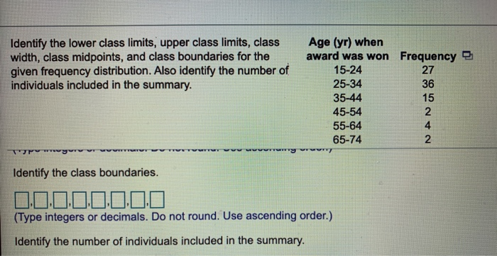 Solved Identify the lower class limits, upper class limits, | Chegg.com