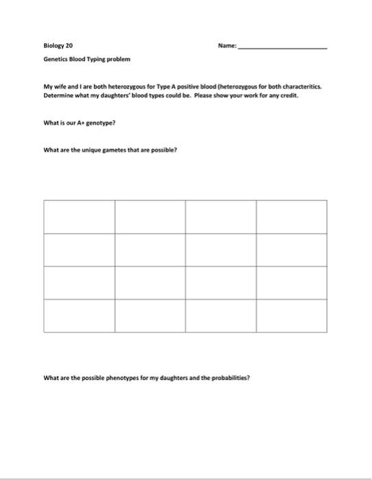Solved Biology 20 Name: Genetics Blood Typing problem My | Chegg.com