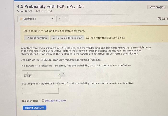 Solved 4.5 Probability with FCP,nPr,nCr : Score: 8.5/99/9 | Chegg.com