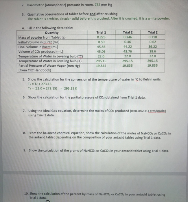 Solved 2. Barometric (atmospheric) pressure in room. 732 mm | Chegg.com