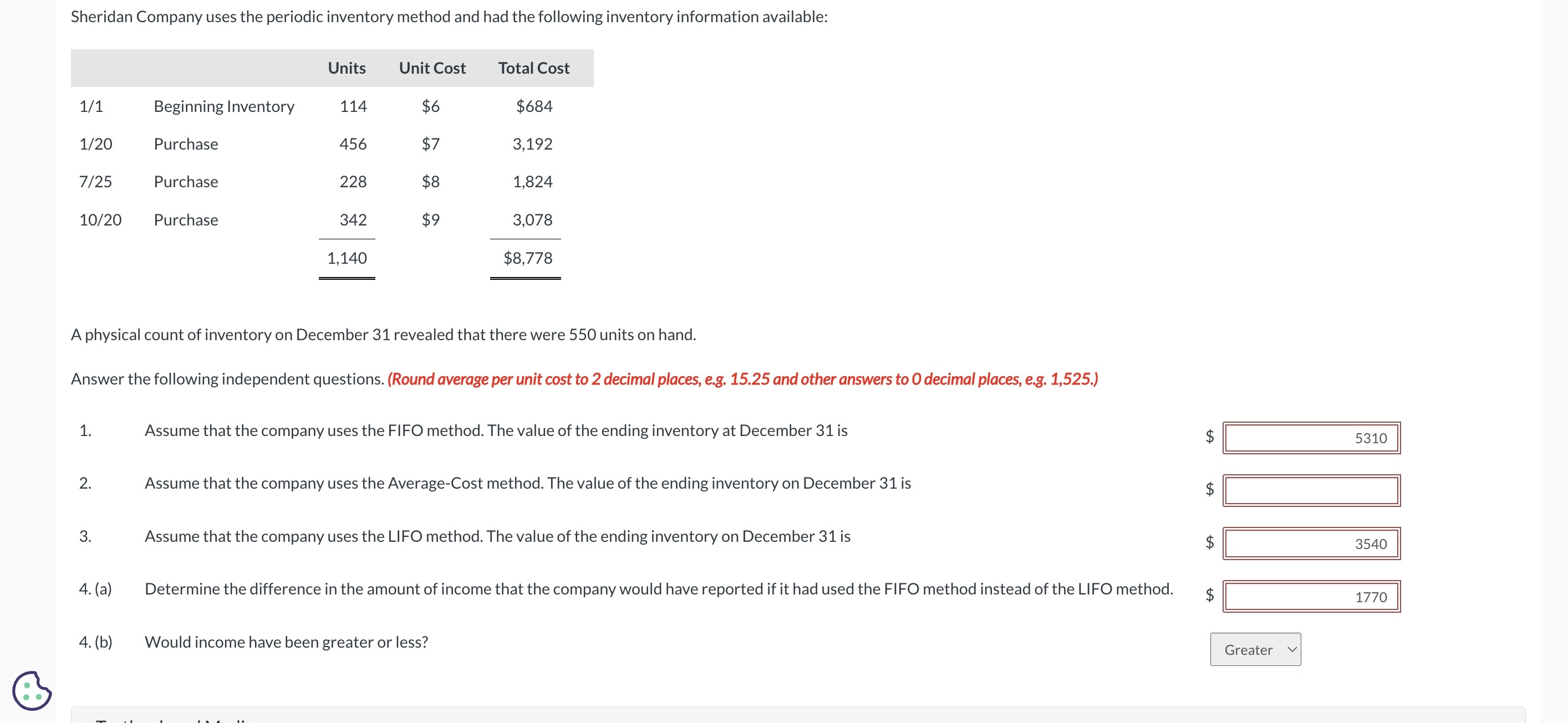 Solved Sheridan Company uses the periodic inventory method | Chegg.com