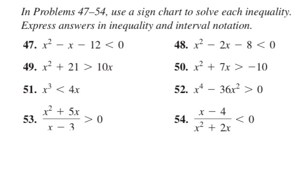 Solved In Problems 47-54, ﻿use a sign chart to solve each | Chegg.com
