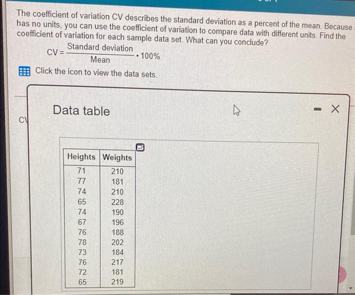 Solved The coefficient of variation CV describes the | Chegg.com