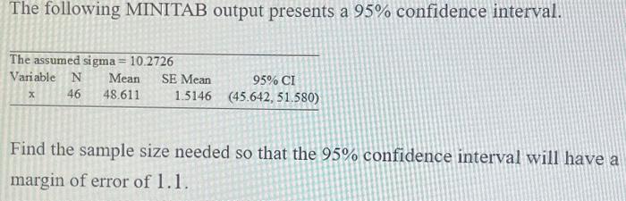 Solved The following MINITAB output presents a 95% | Chegg.com