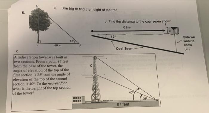 Solved H a. Use trig to find the height of the tree. 5. b. | Chegg.com