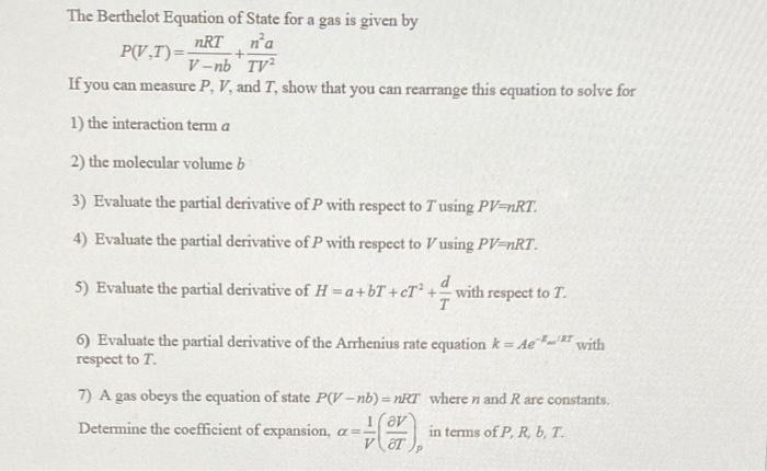 Solved + The Berthelot Equation of State for a gas is given | Chegg.com
