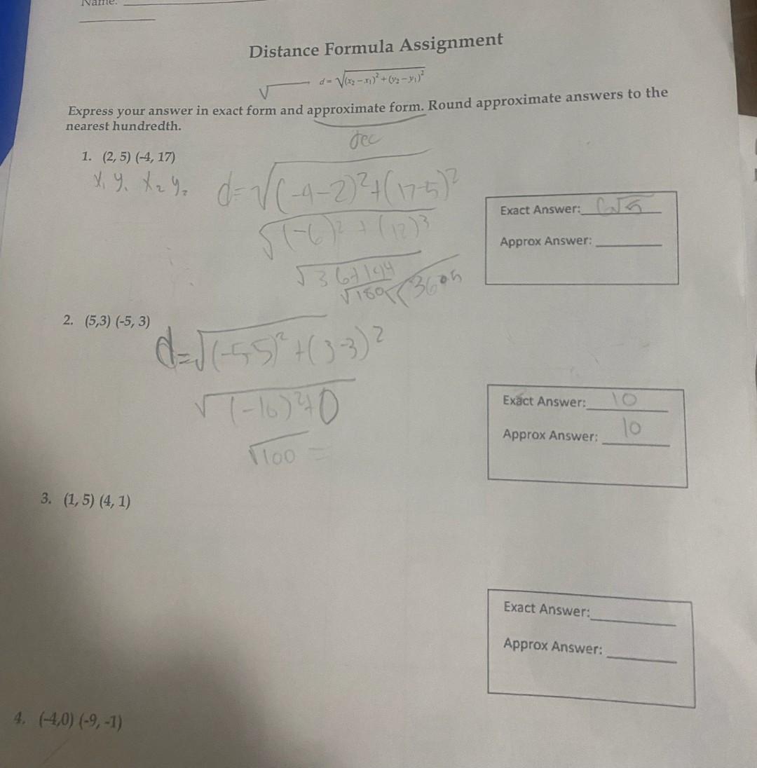 Solved Distance Formula Assignment d=(x2−x1)2+(y2−y1)2 | Chegg.com