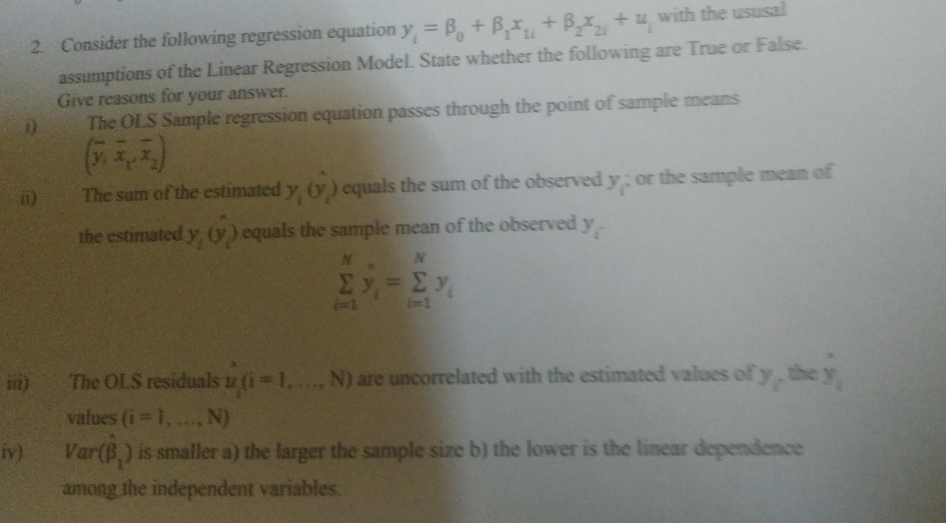 Solved 2. Consider the following regression equation y, =B₁ | Chegg.com