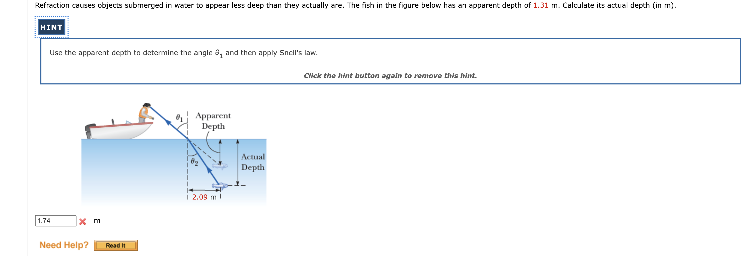 Solved Use the apparent depth to determine the angle θ1 ﻿and | Chegg.com