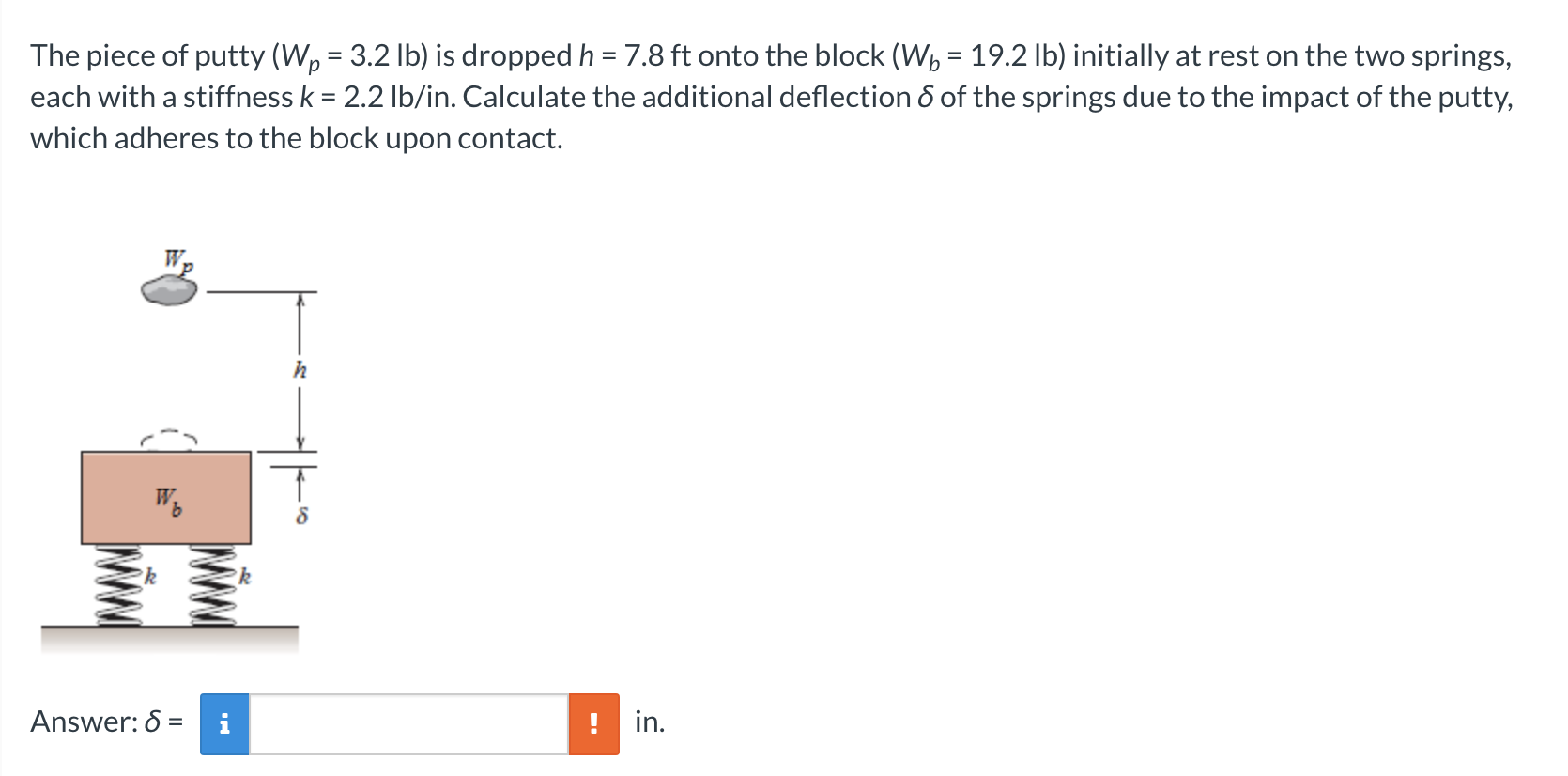 Solved The piece of ﻿putty (Wp=3.2lb) is ﻿dropped h=7.8ft | Chegg.com