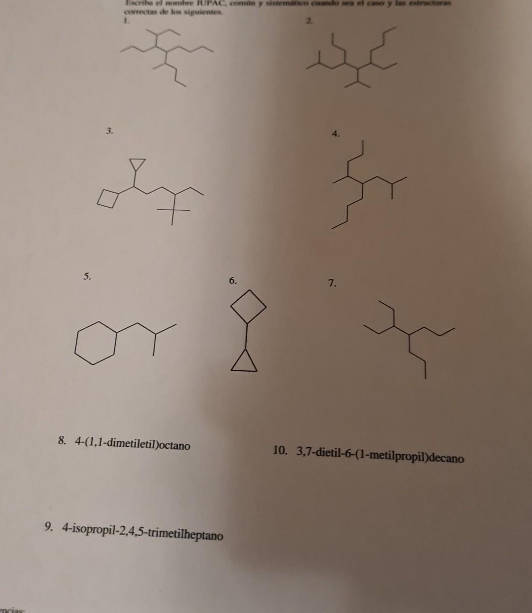 Solved 3. 5. 8. 4-(1,1-dimetiletil)octano 4. 7. 6. 9. | Chegg.com
