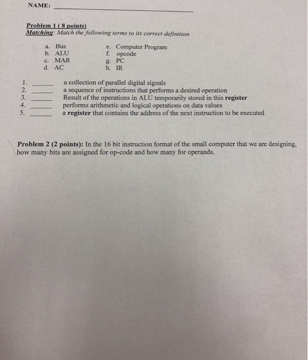 Solved NAME: Problem 18 points) Matching: Match the | Chegg.com
