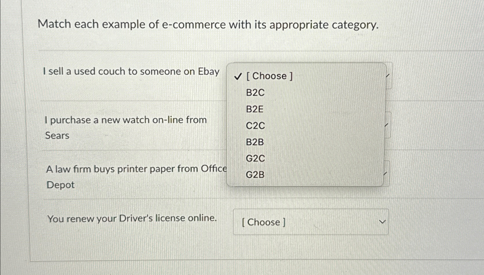 Solved Match each example of e-commerce with its appropriate | Chegg.com