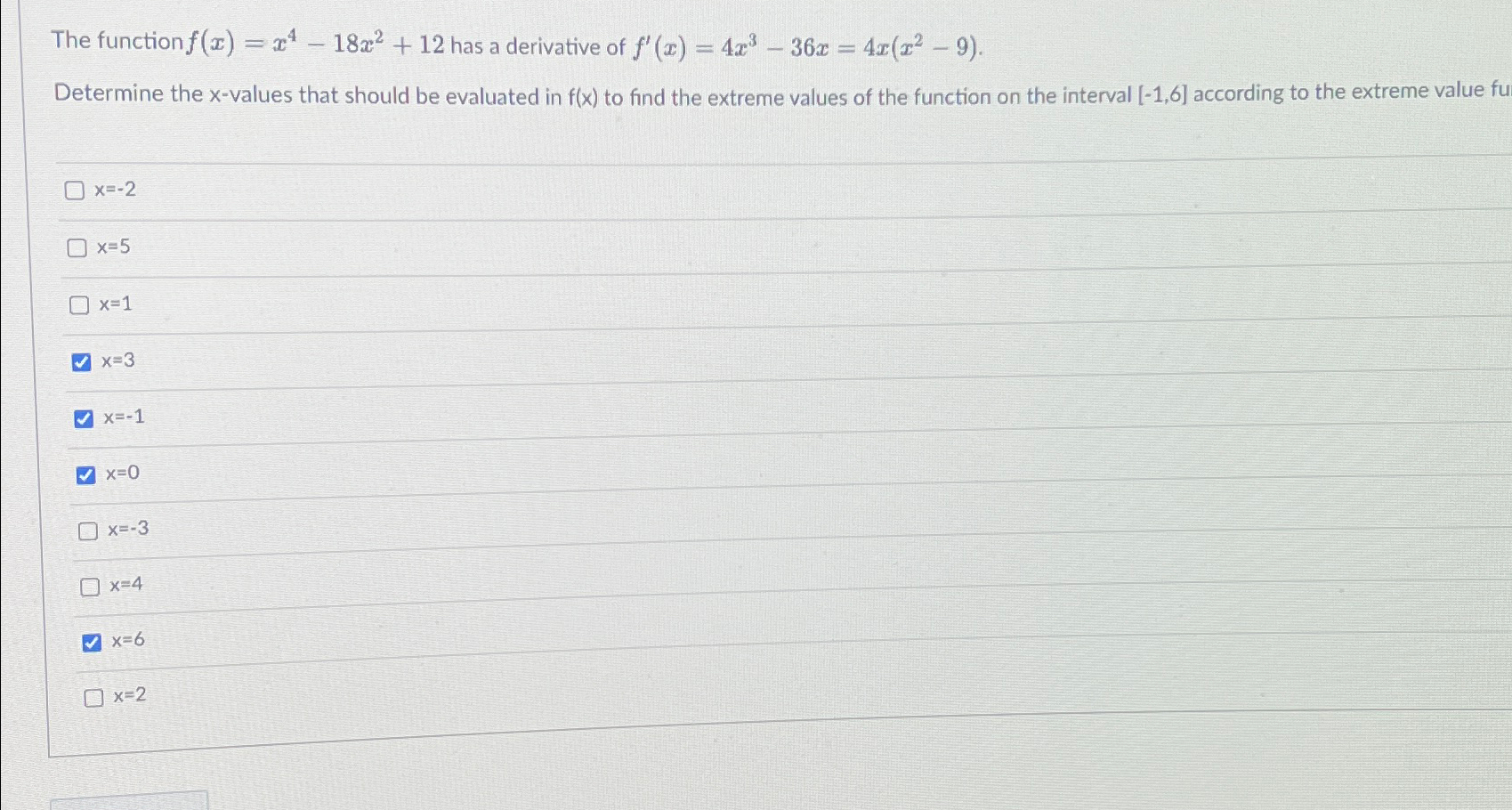 Solved The function f(x)=x4-18x2+12 ﻿has a derivative of | Chegg.com