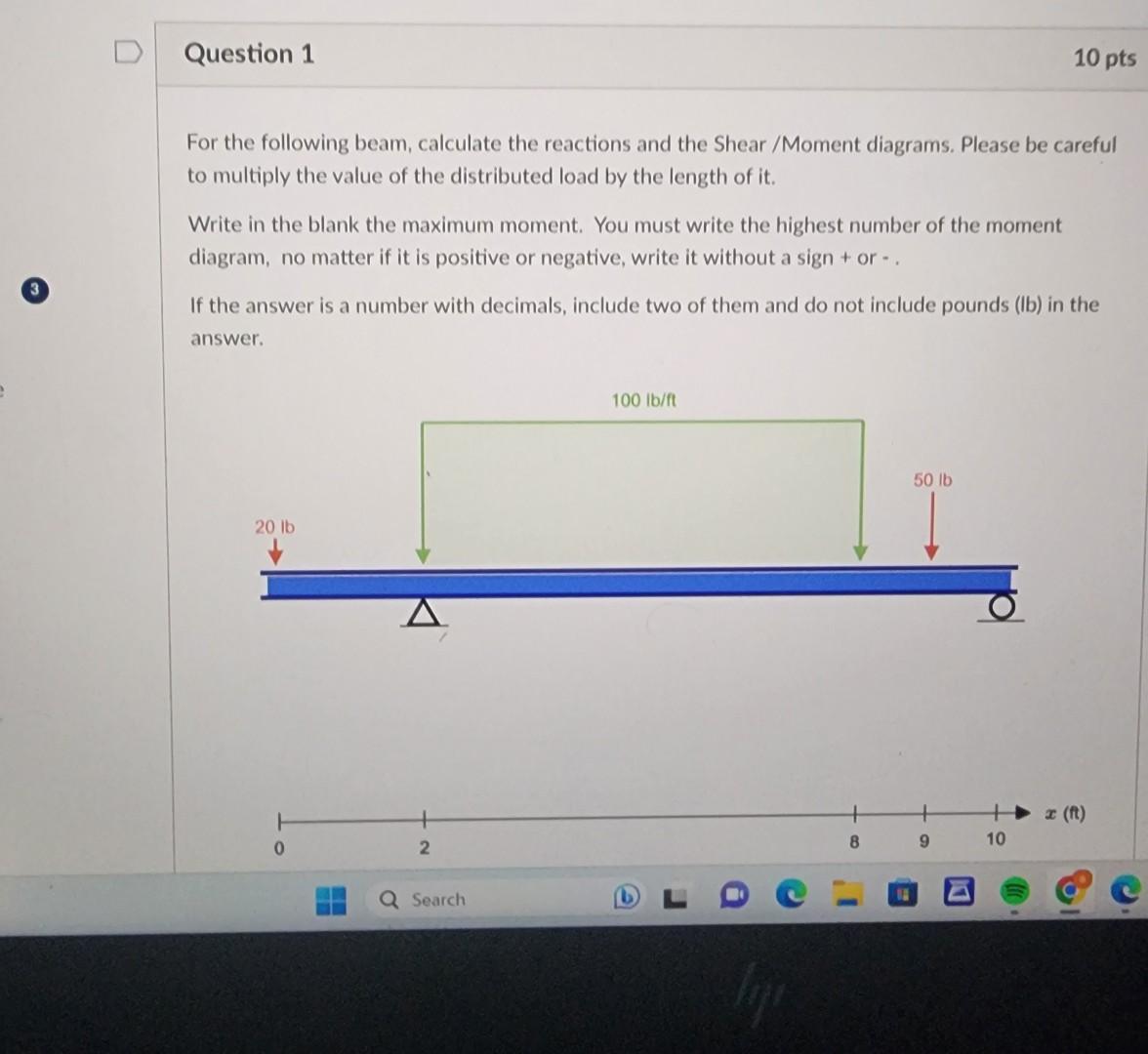 Solved For the following beam, calculate the reactions and | Chegg.com