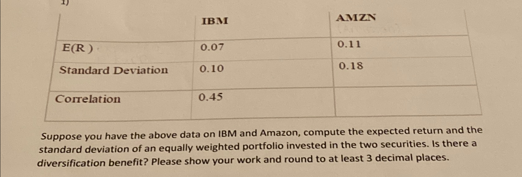 Solved \table[[,IBM,AMZN],[E(R),0.07,0.11],[Standard | Chegg.com