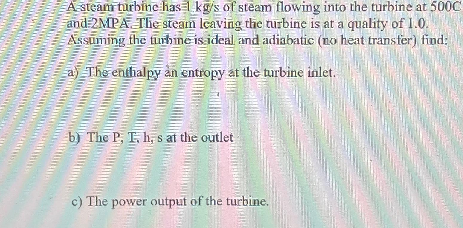 Solved A steam turbine has 1kgs ﻿of steam flowing into the | Chegg.com